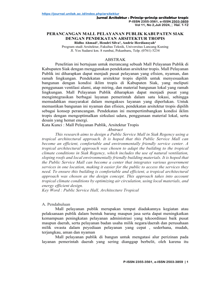 Desain Mall Pelayanan Publik dengan Arsitektur Tropis