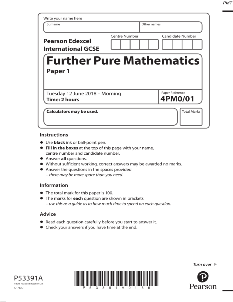 IGCSE Further Pure Mathematics Paper 1 Exam - 2018