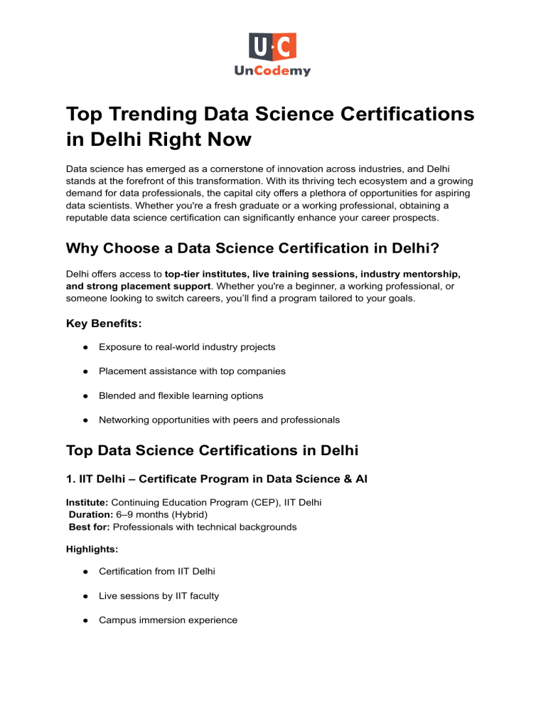 Top Data Science Certifications in Delhi | 2024 Guide
