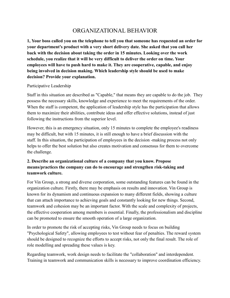 Organizational Behavior: Leadership, Culture, Teamwork