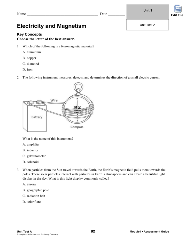Electricity and Magnetism Unit Test - Key Concepts