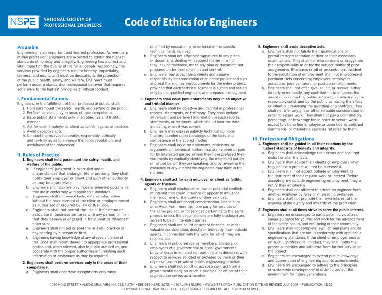 Code of Ethics for Engineers - Honesty, Safety, Integrity