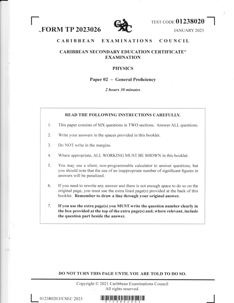 CSEC Physics Exam Paper 02 - General Proficiency