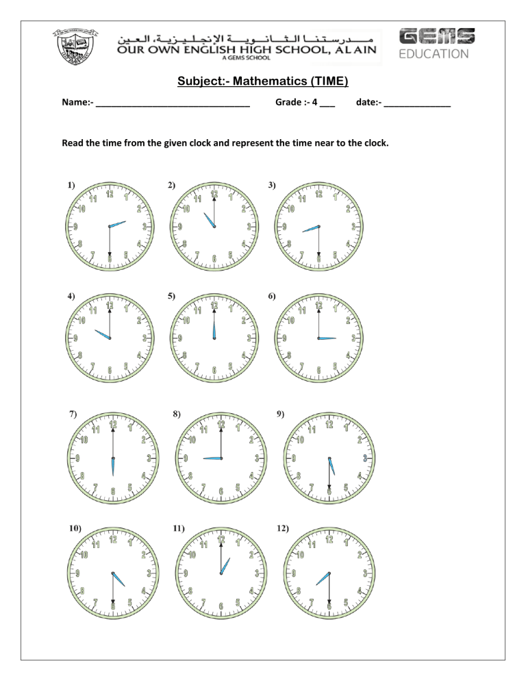 Time Telling Worksheet - Grade 4 Math