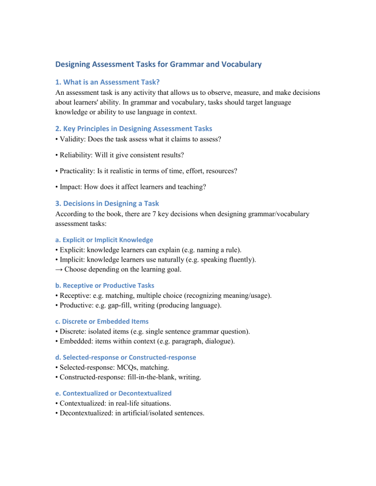 Grammar & Vocab Assessment Task Design Guide