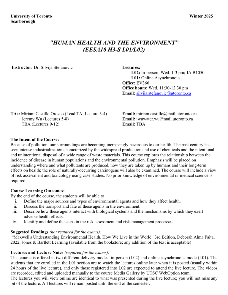 Human Health & Environment Course Syllabus - UTSC Winter 2025