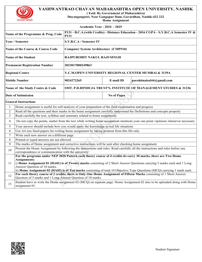 Computer System Architecture Home Assignment - YCMOU