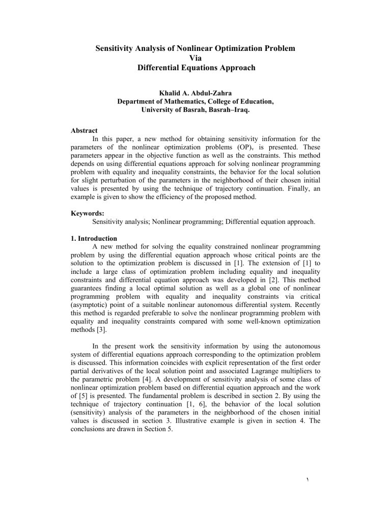 Sensitivity Analysis: Nonlinear Optimization via Differential Equations