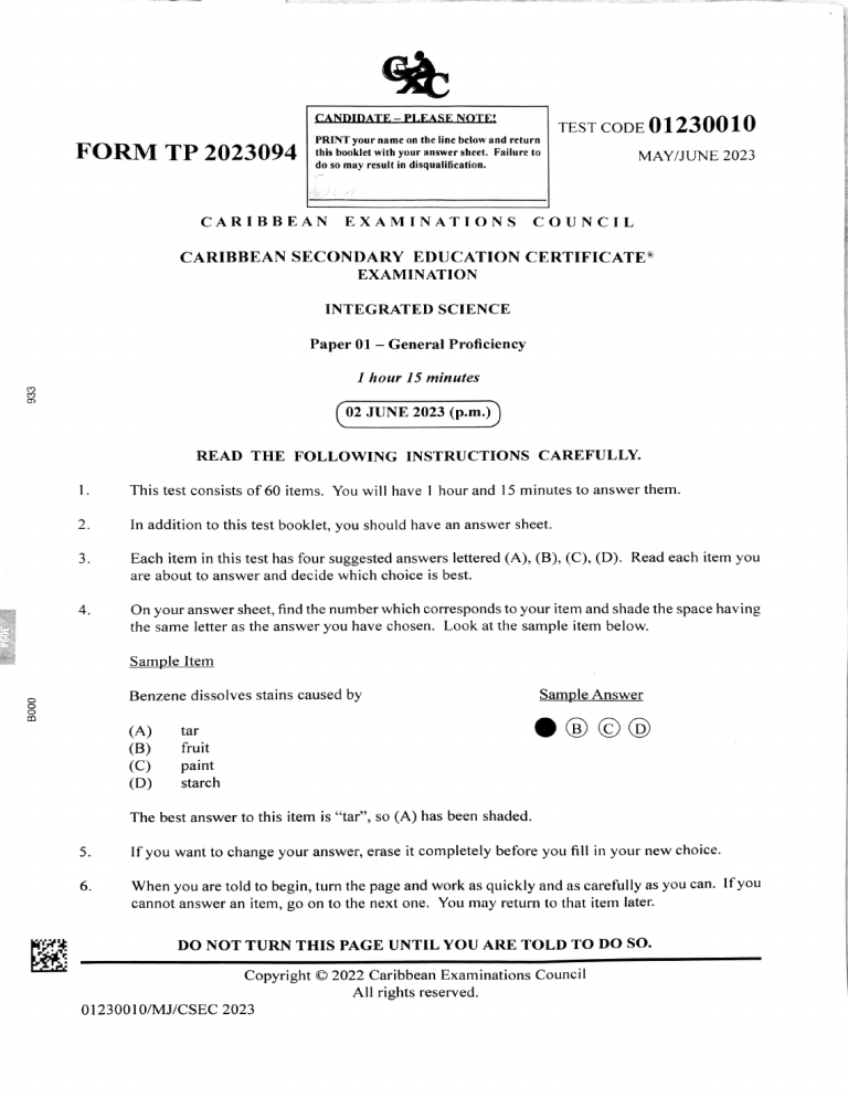 CSEC Integrated Science Exam Paper