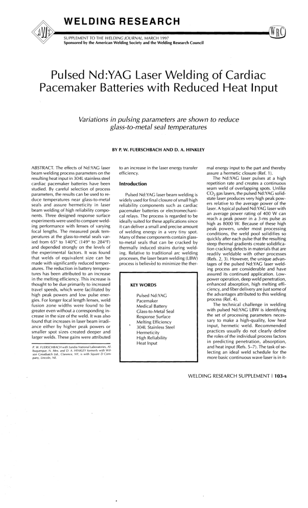 Pulsed Nd:YAG Laser Welding: Pacemaker Battery Heat Reduction