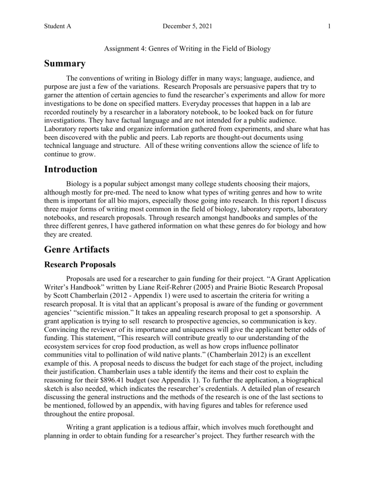 Biology Writing Genres: Proposals, Notebooks, Reports