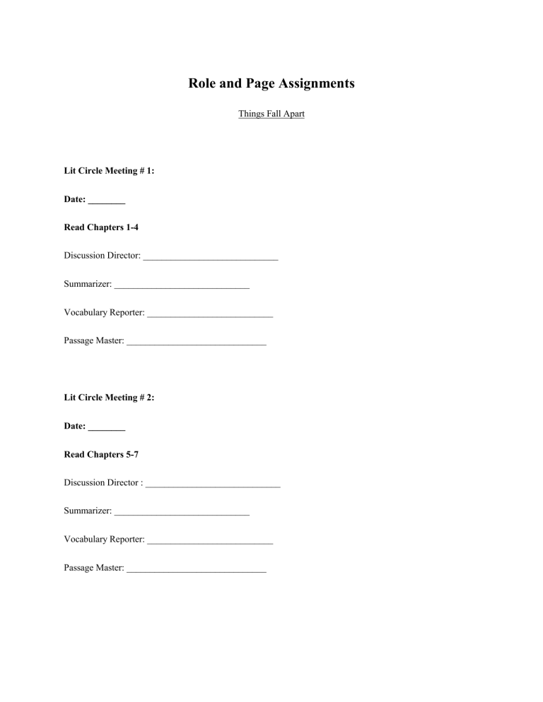 Things Fall Apart Lit Circle Worksheet