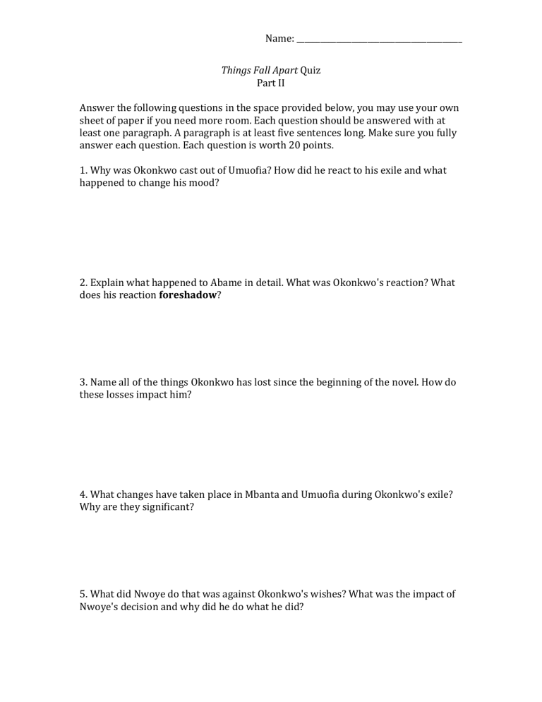 Things Fall Apart Quiz: Part II - Essay Questions