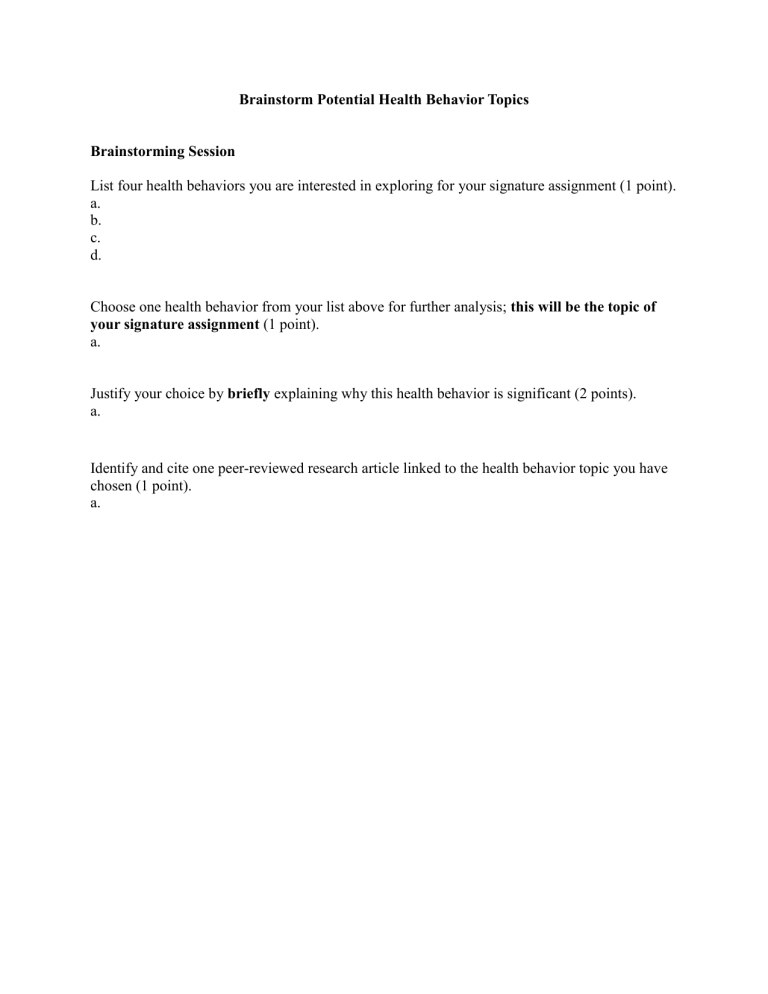 Health Behavior Brainstorming Worksheet