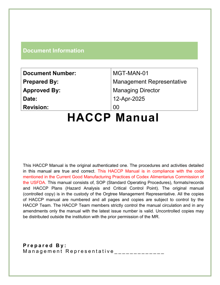 HACCP Manual: Millet-Based Products - Food Safety Plan