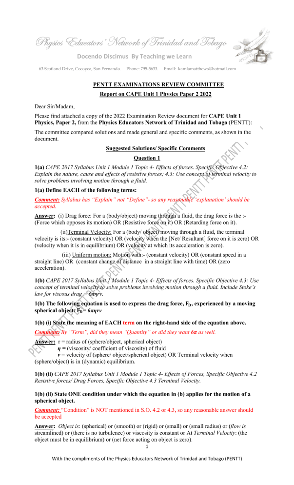 CAPE Physics Unit 1 Paper 2 Exam Review 2022