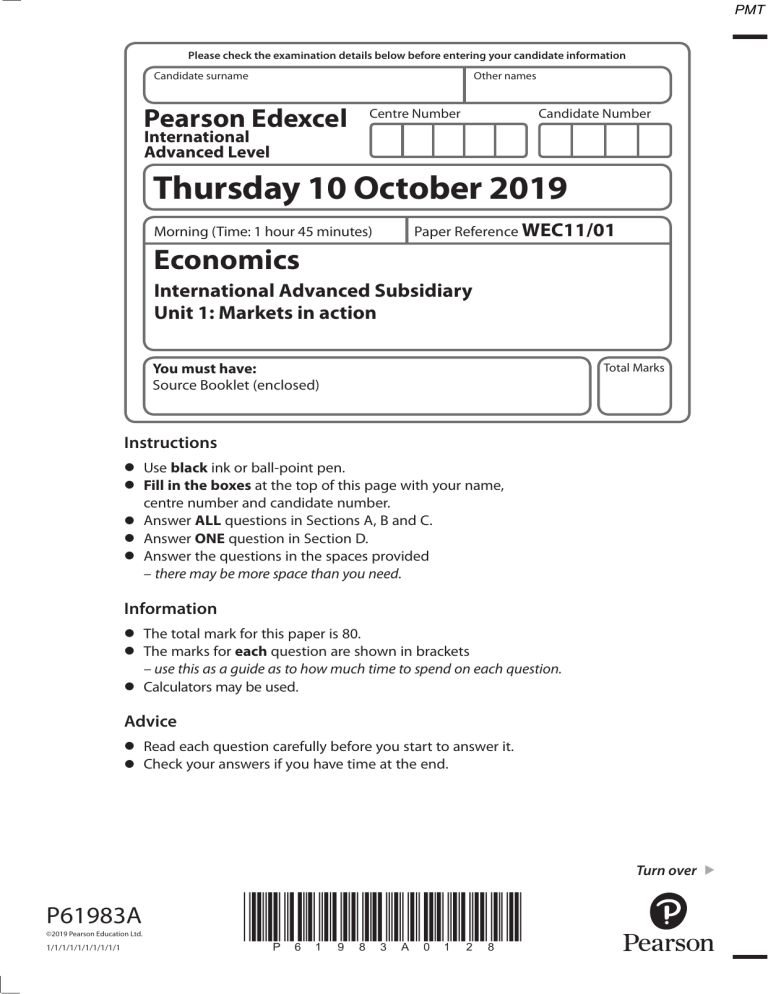 Economics IAL Unit 1 Exam Paper - Markets in Action