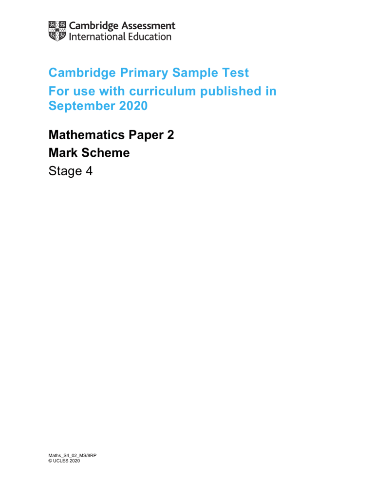 Math Stage 4 Paper 2 Mark Scheme