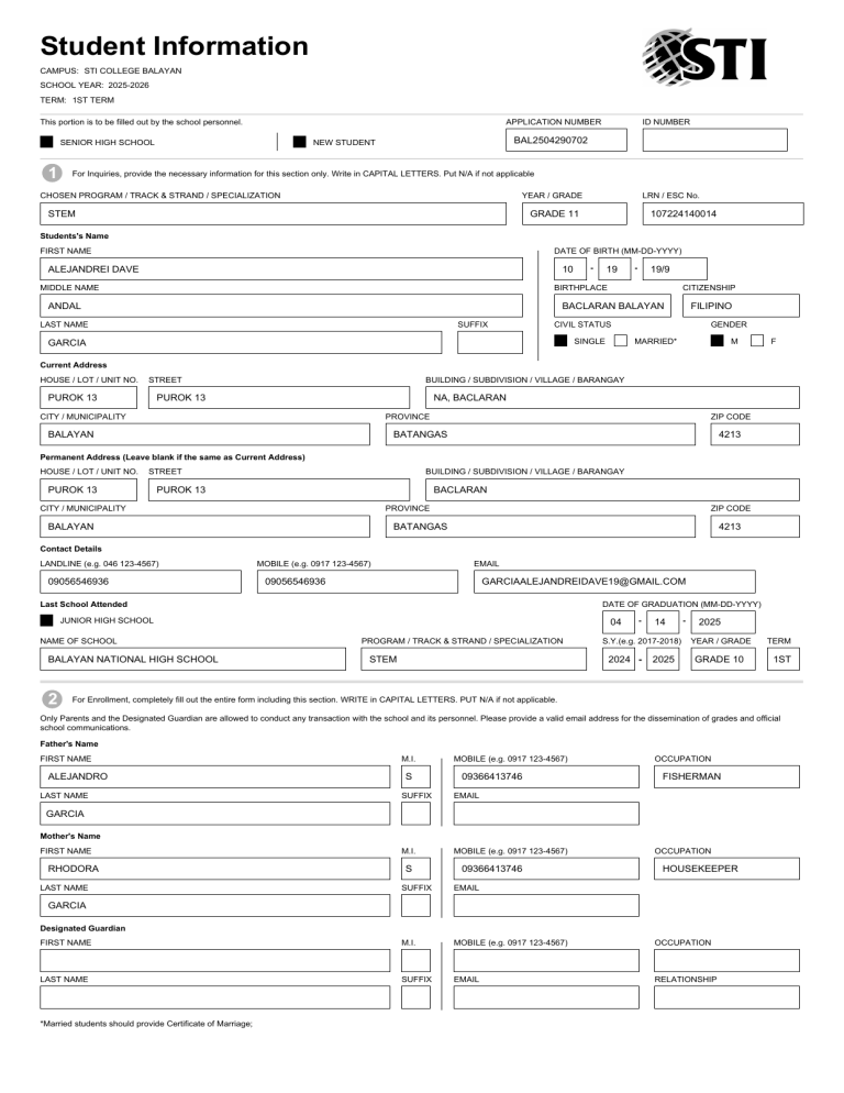 STI College Student Information Form - Grade 11 STEM