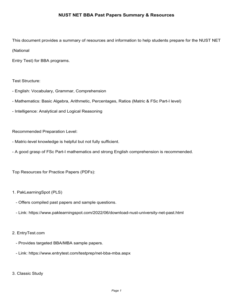 NUST NET BBA Past Papers: Summary & Resources