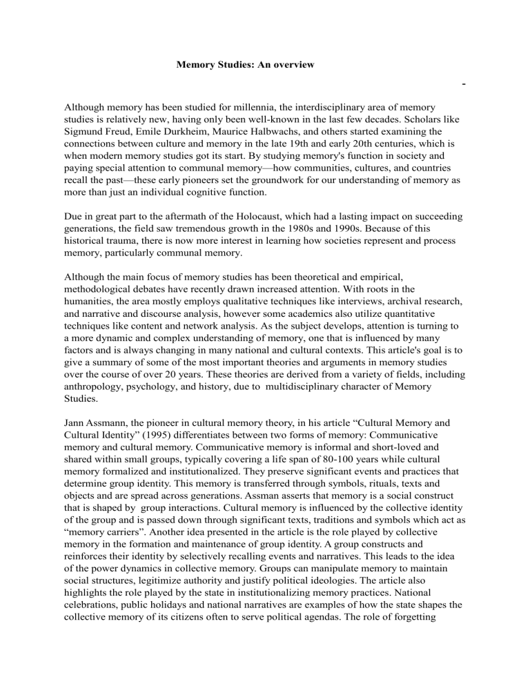 Memory Studies Overview: Theories and Key Concepts