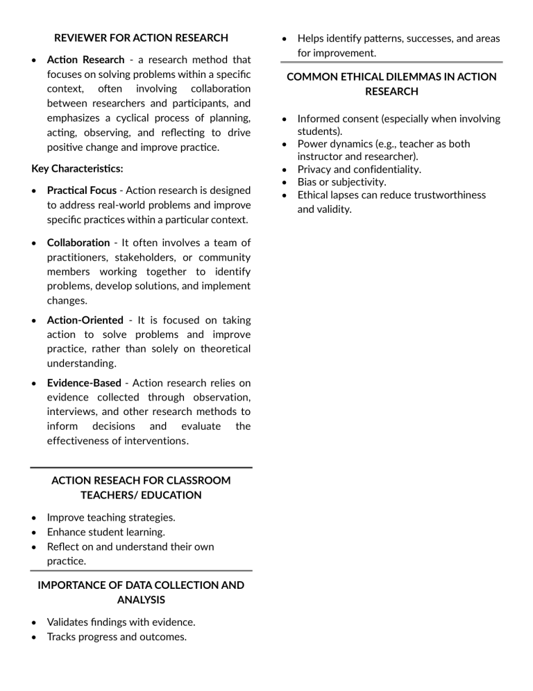 Action Research Reviewer: Key Concepts & Ethical Dilemmas