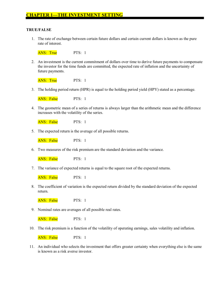 Investment Setting Test Questions: Risk & Return