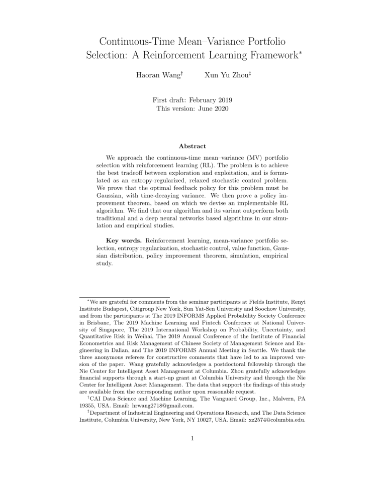 RL for Mean-Variance Portfolio Selection