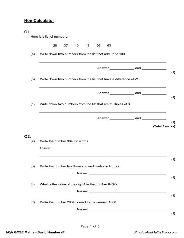 GCSE Maths Basic Number Worksheet (Foundation)