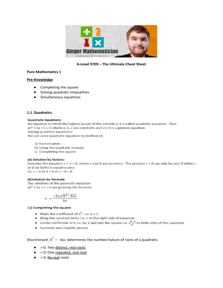 A-Level Pure Mathematics 1 Cheat Sheet (9709)