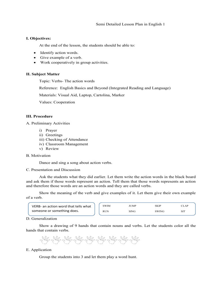 English Lesson Plan: Action Verbs for Elementary School