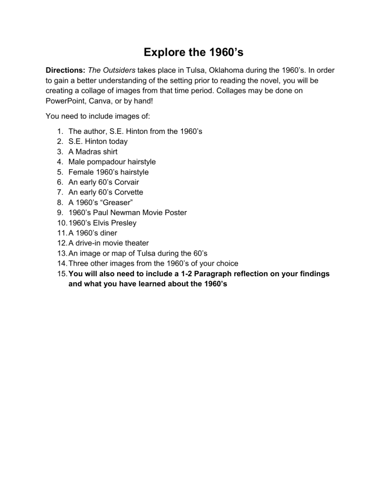 The Outsiders 1960s Collage Project: Explore Setting & History