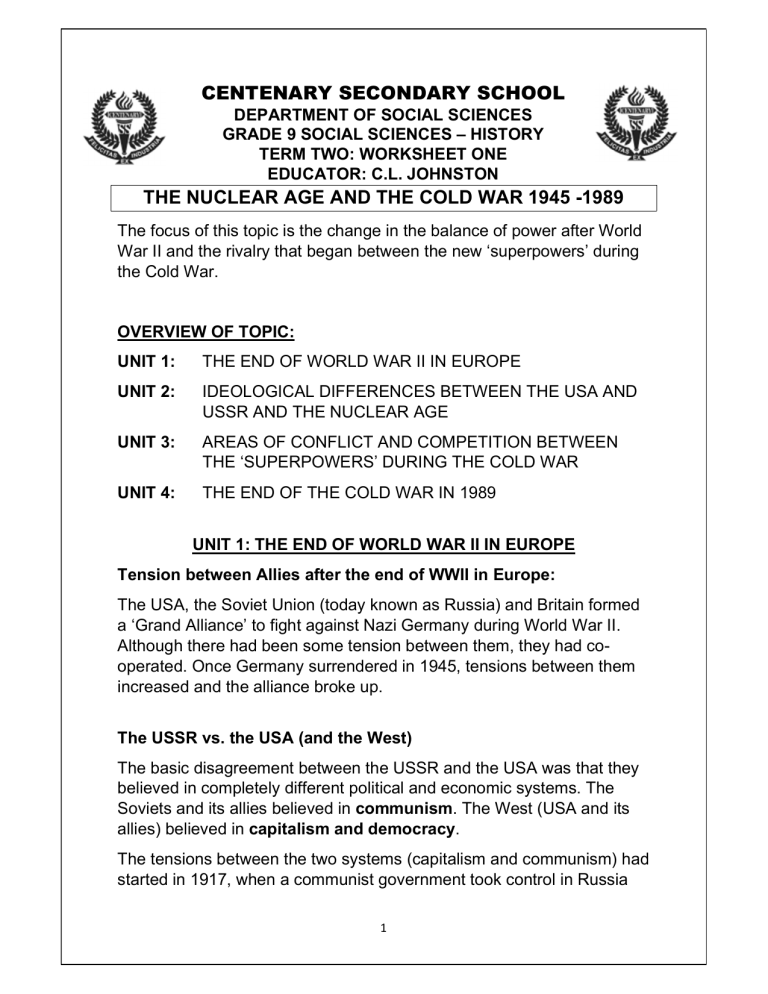 Grade 9 History: Nuclear Age & Cold War Worksheet