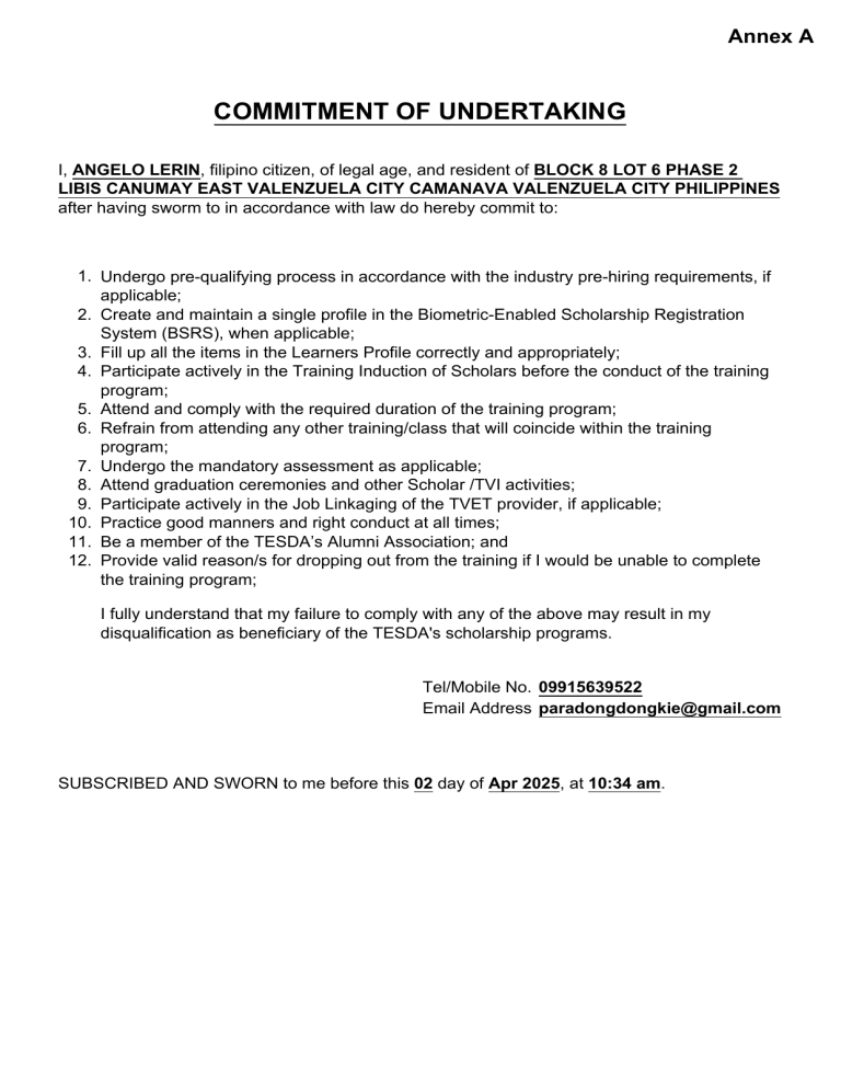 TESDA Scholarship Commitment of Undertaking