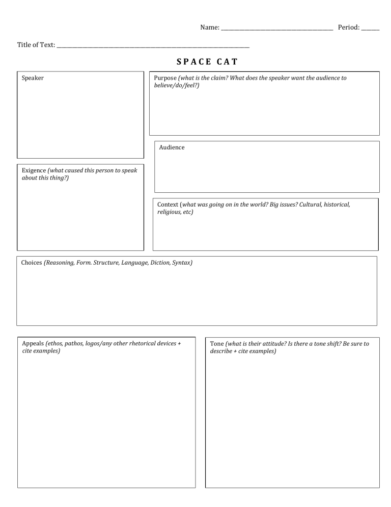 Rhetorical Analysis Worksheet: SPACE CAT Method