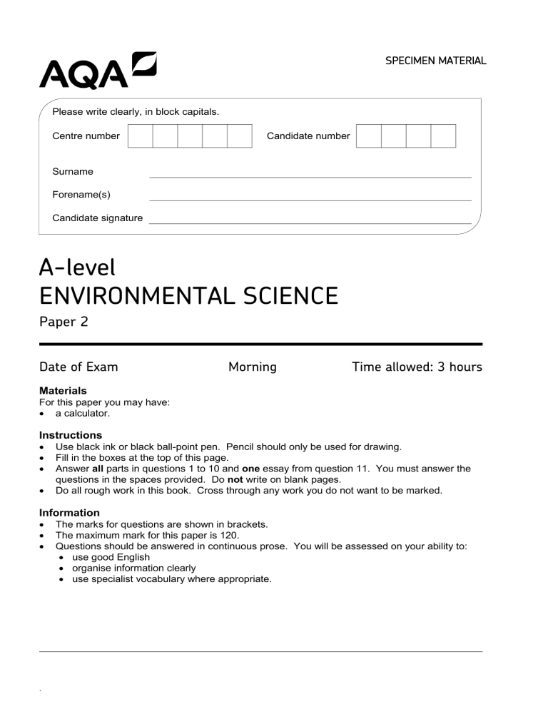 A-level Environmental Science Paper 2 Exam