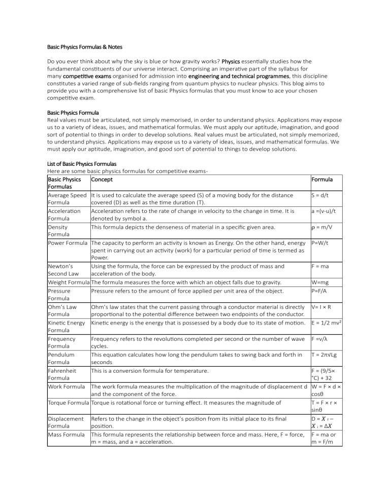 Basic Physics Formulas & Notes for Exams