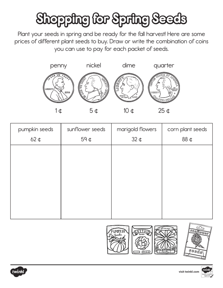 Spring Seeds Coin Counting Worksheet