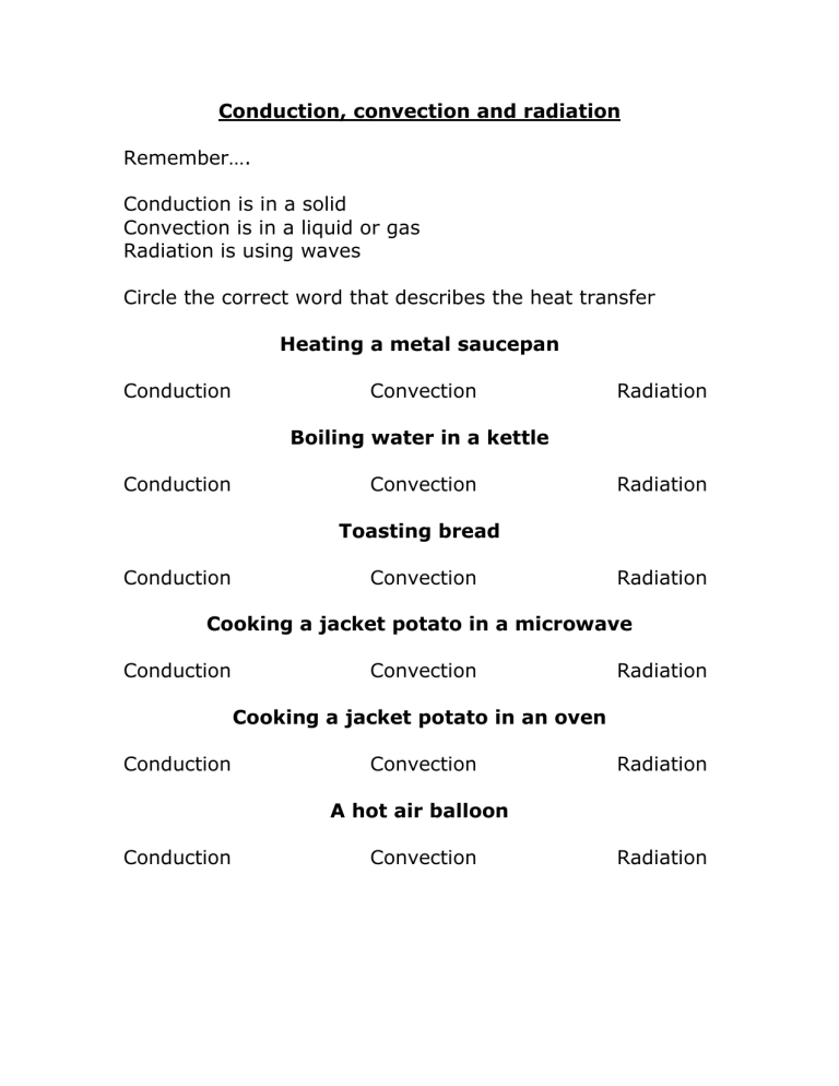 Heat Transfer: Conduction, Convection, Radiation Worksheet