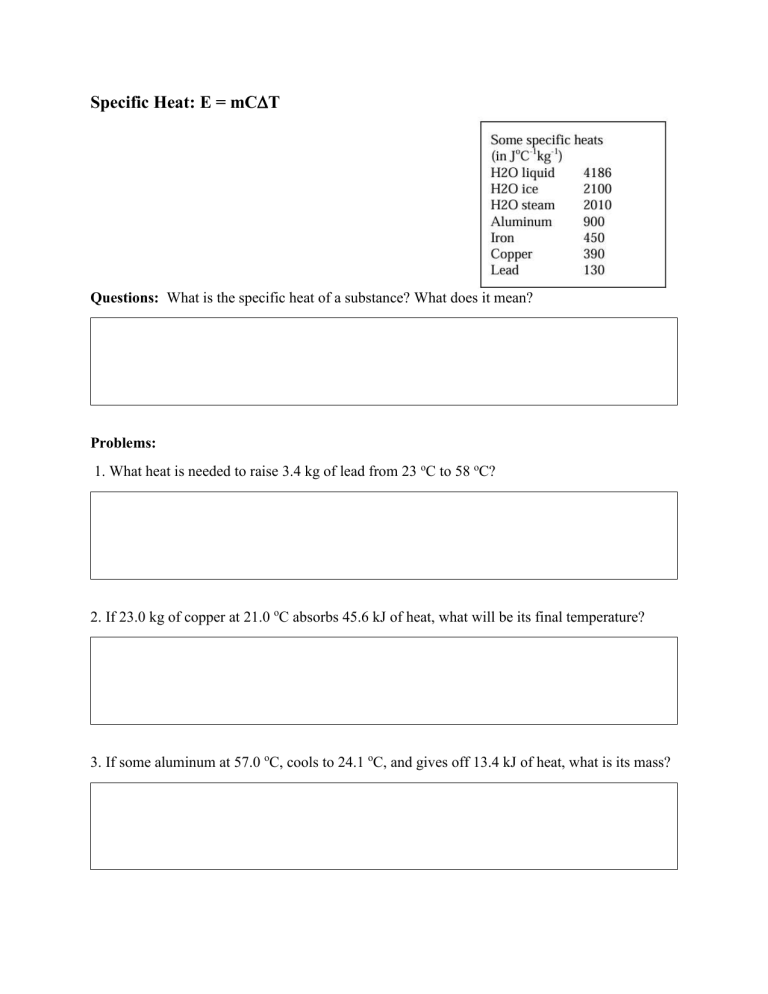 Specific Heat Worksheet: Calculations & Problems