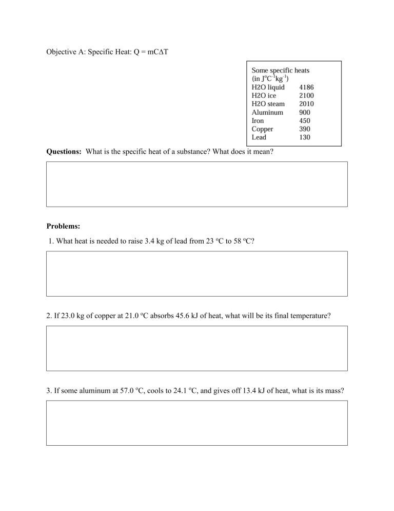 Specific Heat Problems: Q = mCΔT Worksheet