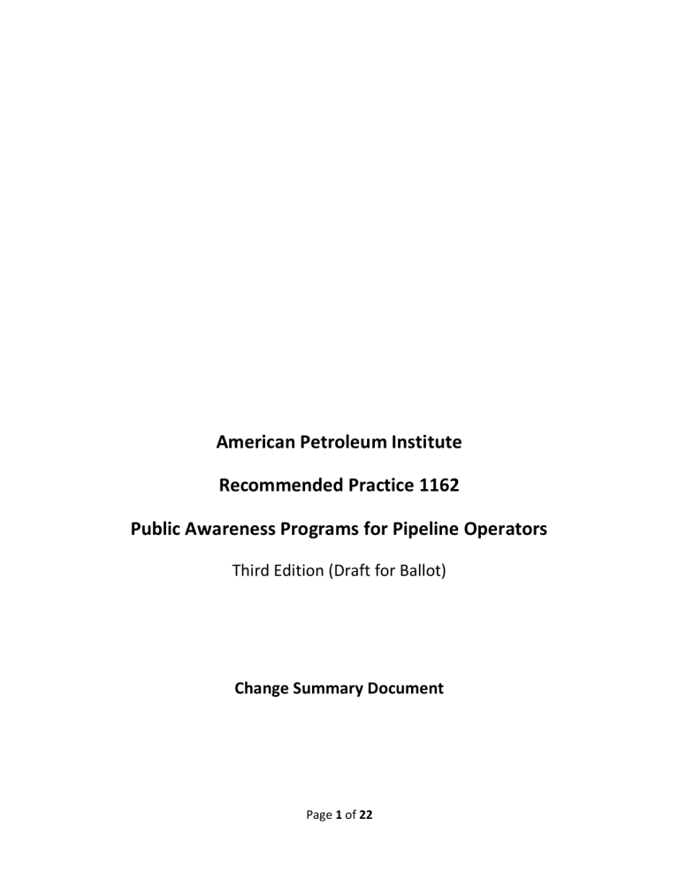 API RP 1162: Public Awareness Programs Change Summary