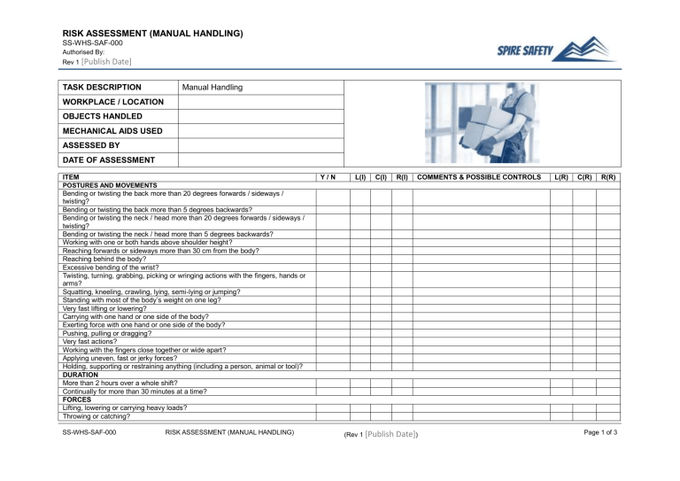 Manual Handling Risk Assessment Form
