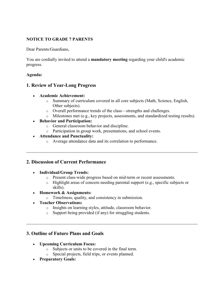 Grade 7 Parent Meeting Notice: Academic Progress Review