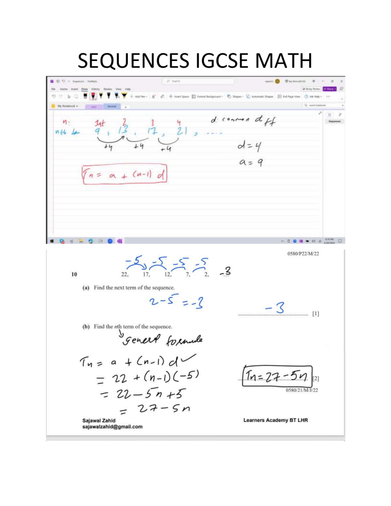 Igcse Math Sequences Algebra And Geometry Worksheet
