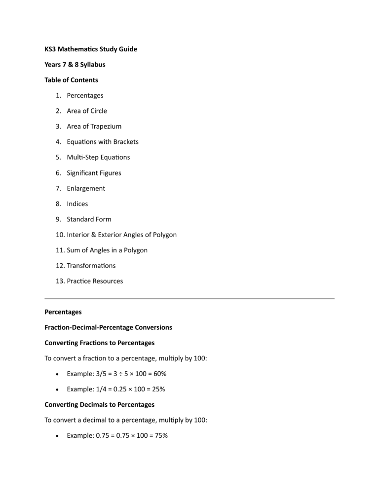 KS3 Maths Study Guide: Years 7 & 8 Syllabus
