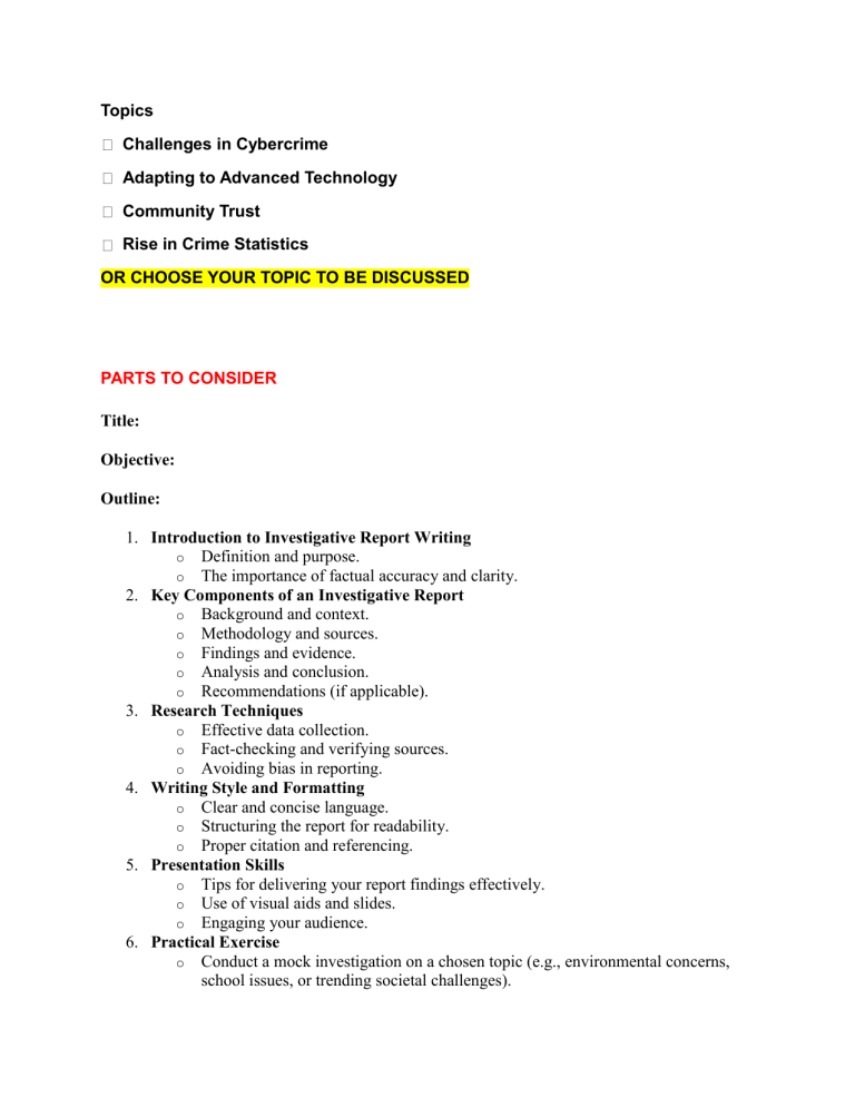 Investigative Report Writing Presentation Outline