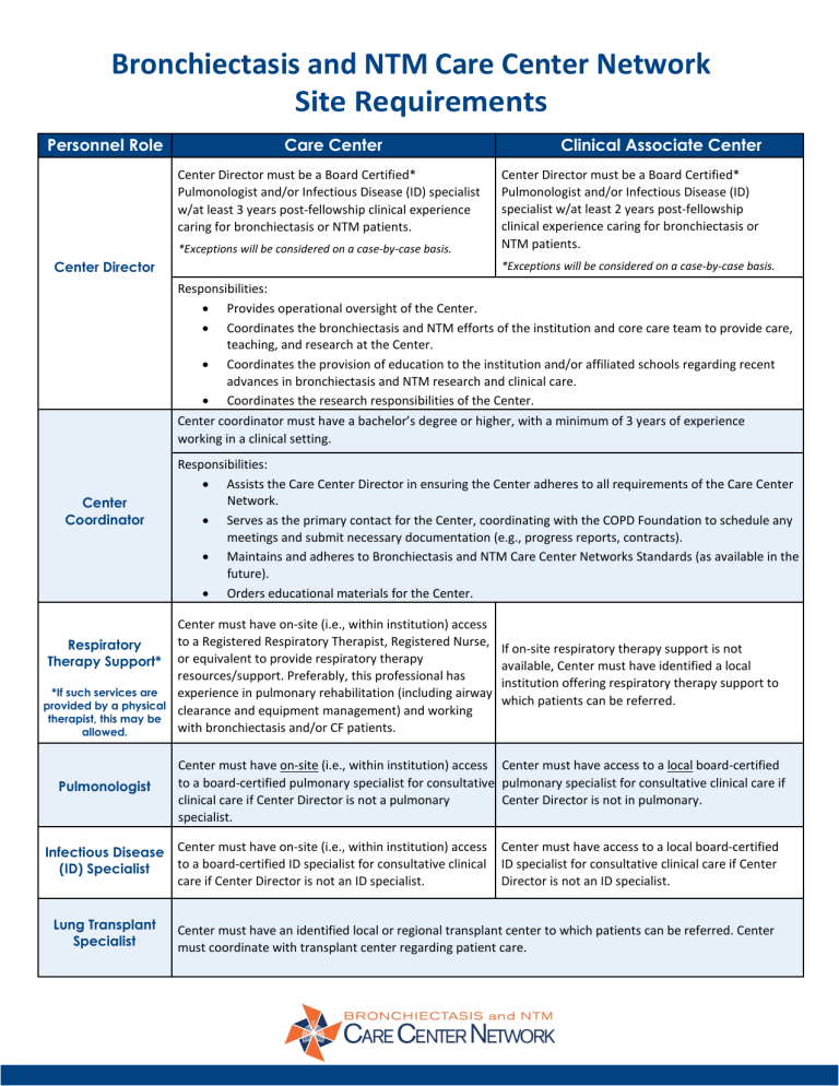 Bronchiectasis & NTM Care Center Site Requirements