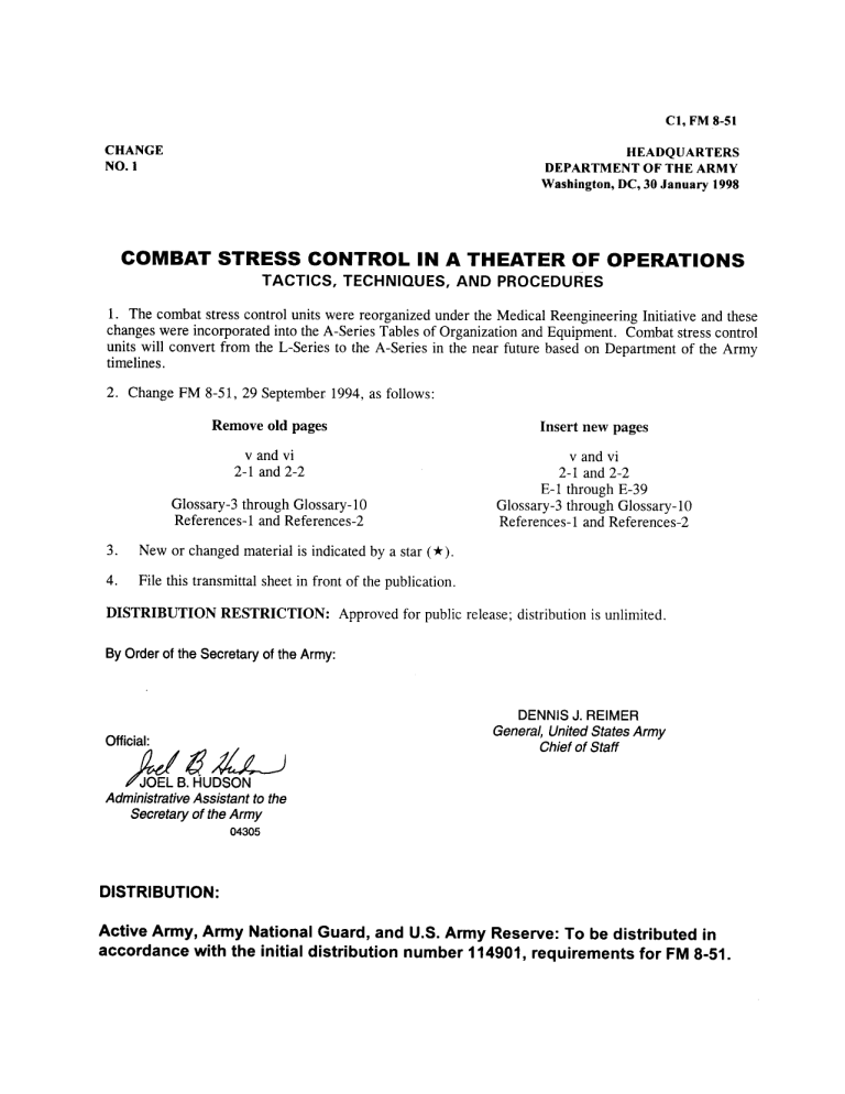 FM 8-51 Change 1: Combat Stress Control in Theater Operations