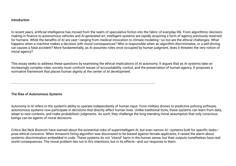 AI Ethics: Autonomy, Accountability, and Human Agency